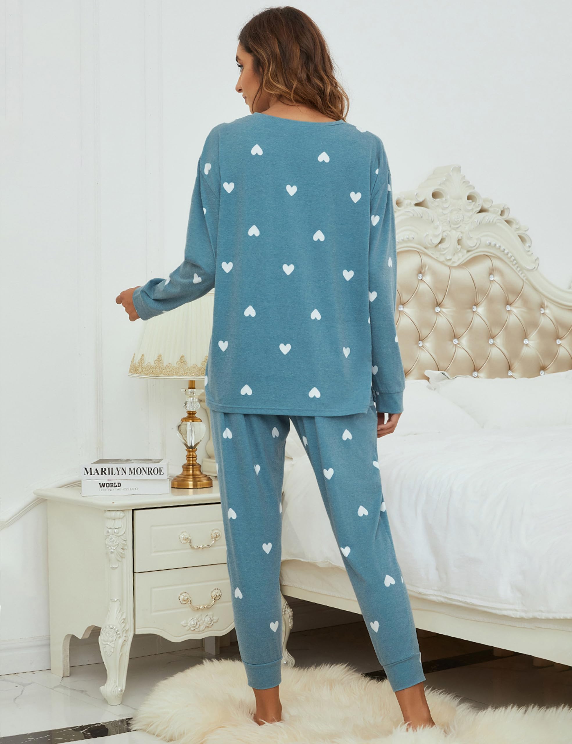 Blooming Jelly Womens Cute Pajama Sets Drawstring Heart Printed Sleepwear Pockets 2 Piece Pj Set 2025 (Large, Blue)