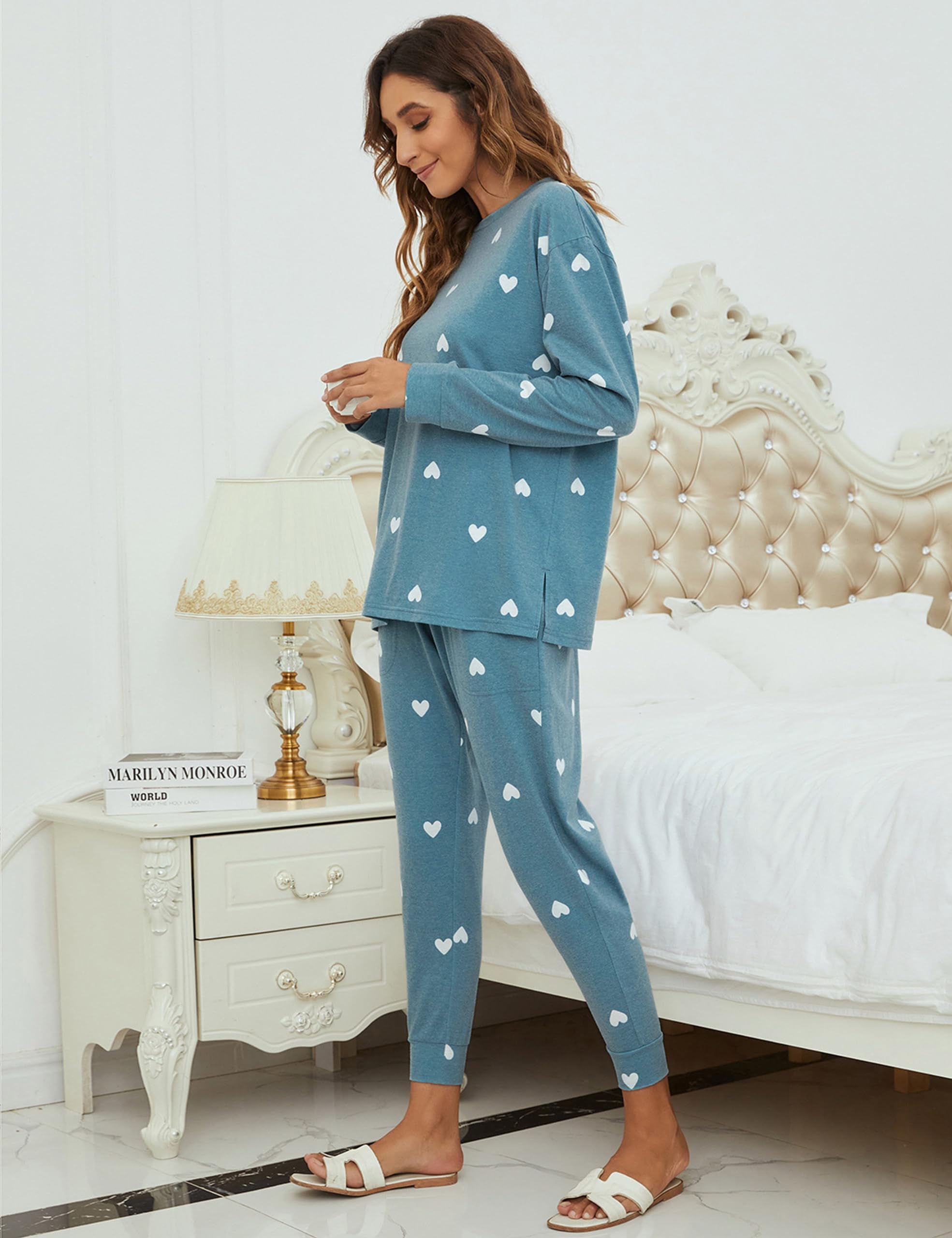Blooming Jelly Womens Cute Pajama Sets Drawstring Heart Printed Sleepwear Pockets 2 Piece Pj Set 2025 (Large, Blue)