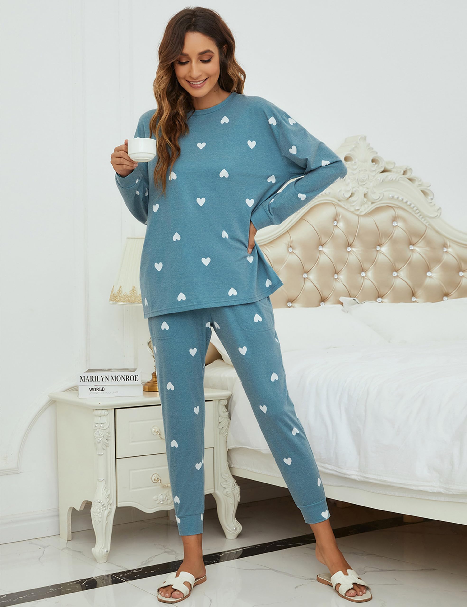 Blooming Jelly Womens Cute Pajama Sets Drawstring Heart Printed Sleepwear Pockets 2 Piece Pj Set 2025 (Large, Blue)
