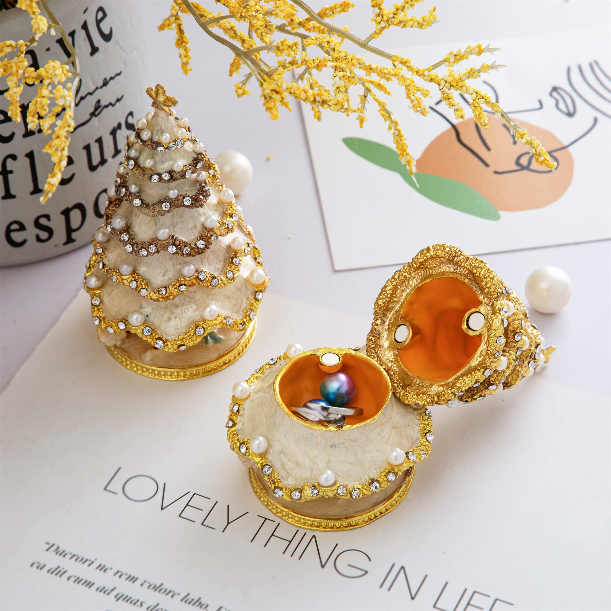 QFkris Christmas Tree Jewelry Trinket Boxes Hand Painted Enameled with Shinning Rhinestones, Ring Holder, A Surprise Gift Christmas Decor