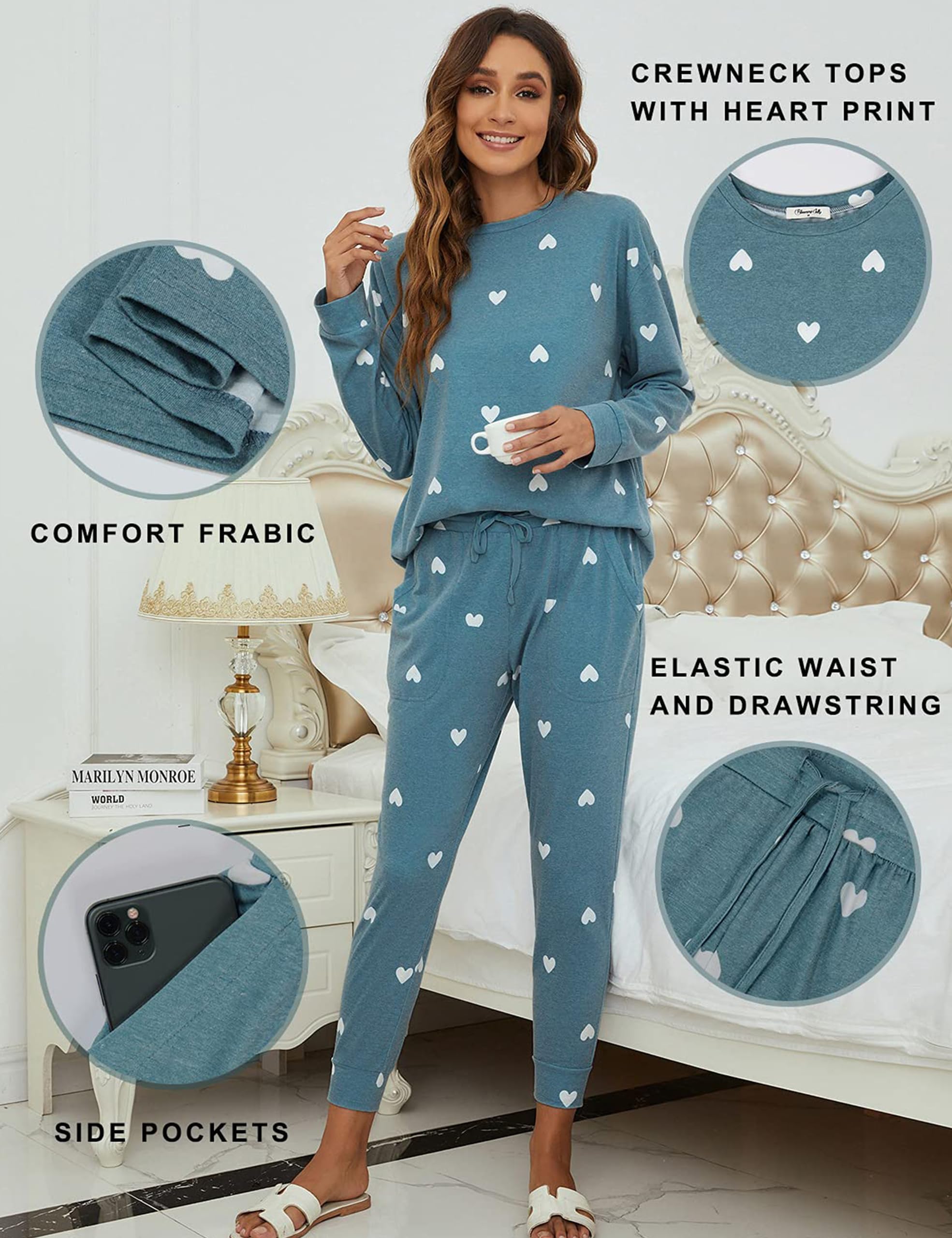 Blooming Jelly Womens Cute Pajama Sets Drawstring Heart Printed Sleepwear Pockets 2 Piece Pj Set 2025 (Large, Blue)