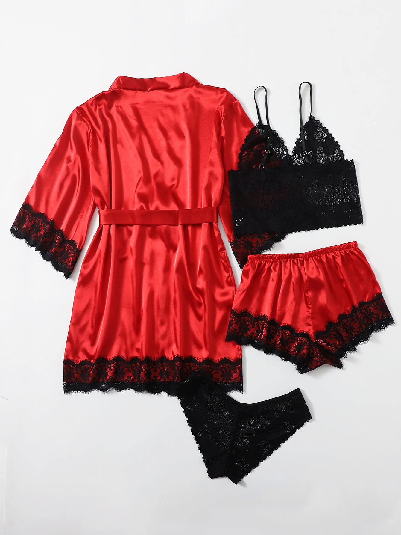 WDIRARA Women' Silk Satin Pajamas Set 4pcs Lingerie Floral Lace Cami Sleepwear with Robe Red Black XL