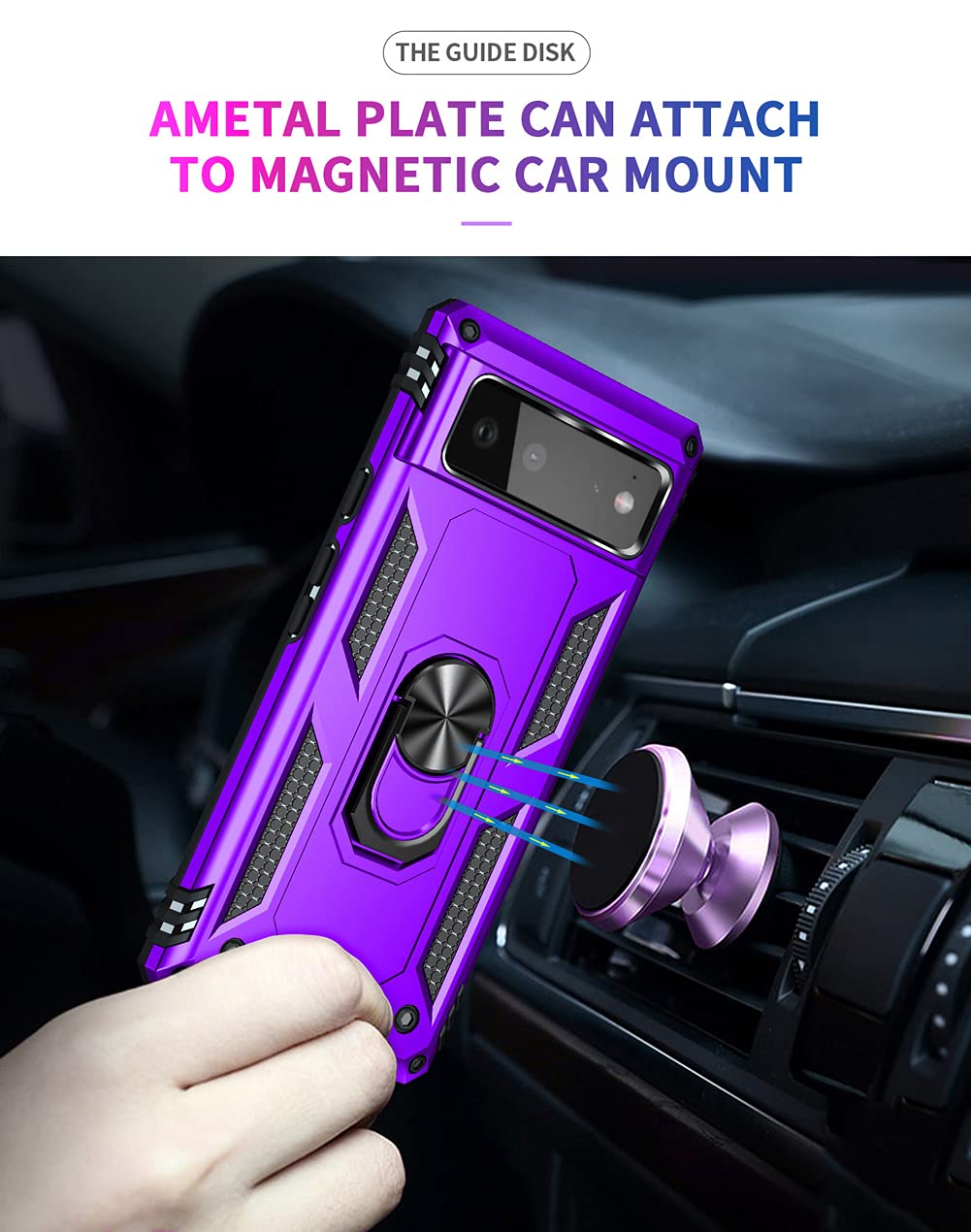 Androgate Designed for Google Pixel 6 Case with HD Screen Protectors, Military-Grade Metal Ring Holder Kickstand 15ft Drop Tested Shockproof Cover Case for Pixel 6 Purple