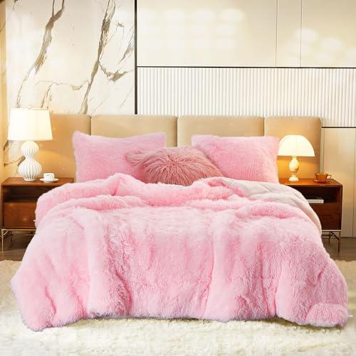 Luxury Faux Fur Shaggy Comforter Set King Size, Plush & Sherpa Reversible Comforter Pink, 3 Pieces Fluffy Fuzzy Bedding Set Ultra Soft and Warm for Winter (1 Comforter + 2 Pillowcases)