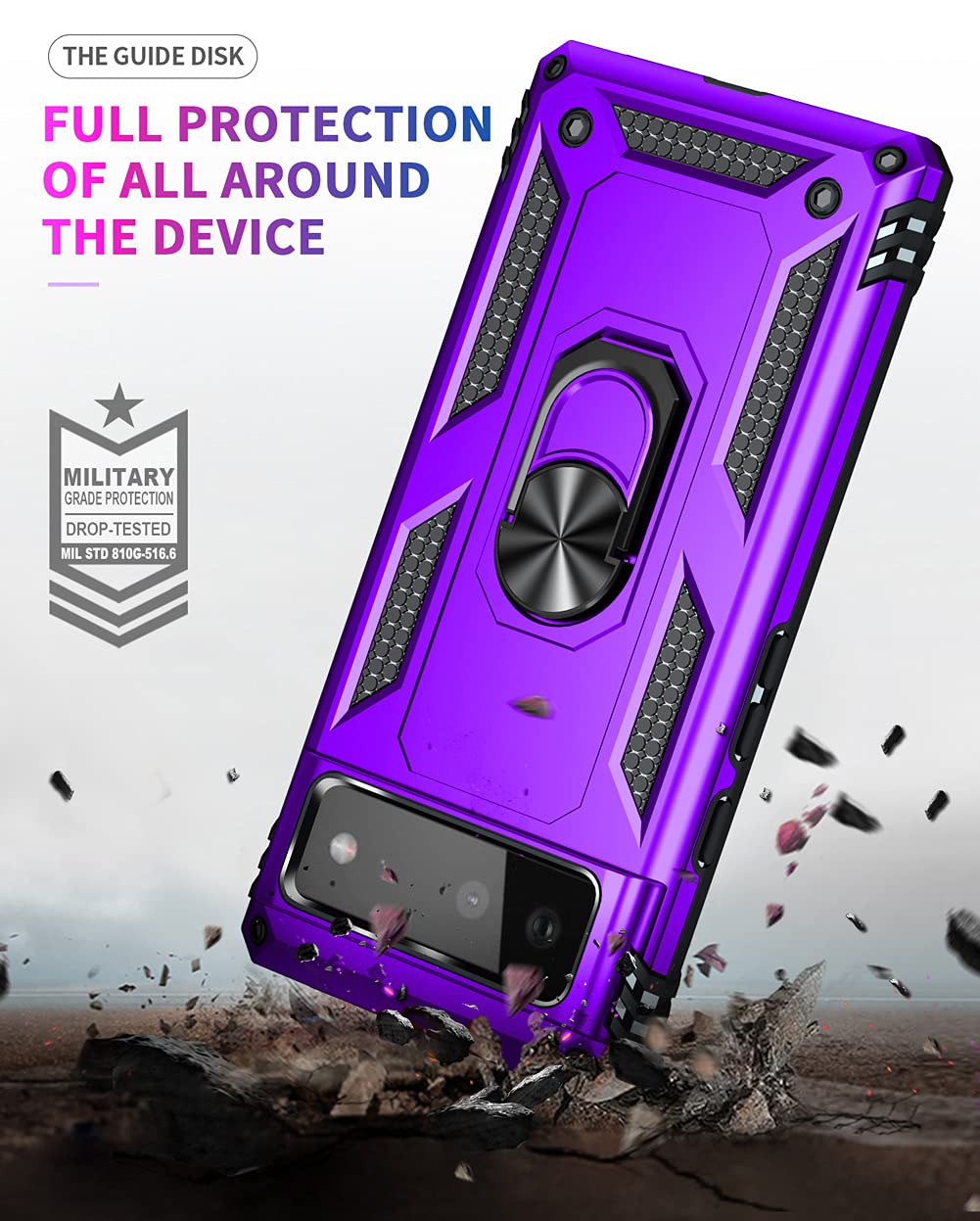 Androgate Designed for Google Pixel 6 Case with HD Screen Protectors, Military-Grade Metal Ring Holder Kickstand 15ft Drop Tested Shockproof Cover Case for Pixel 6 Purple