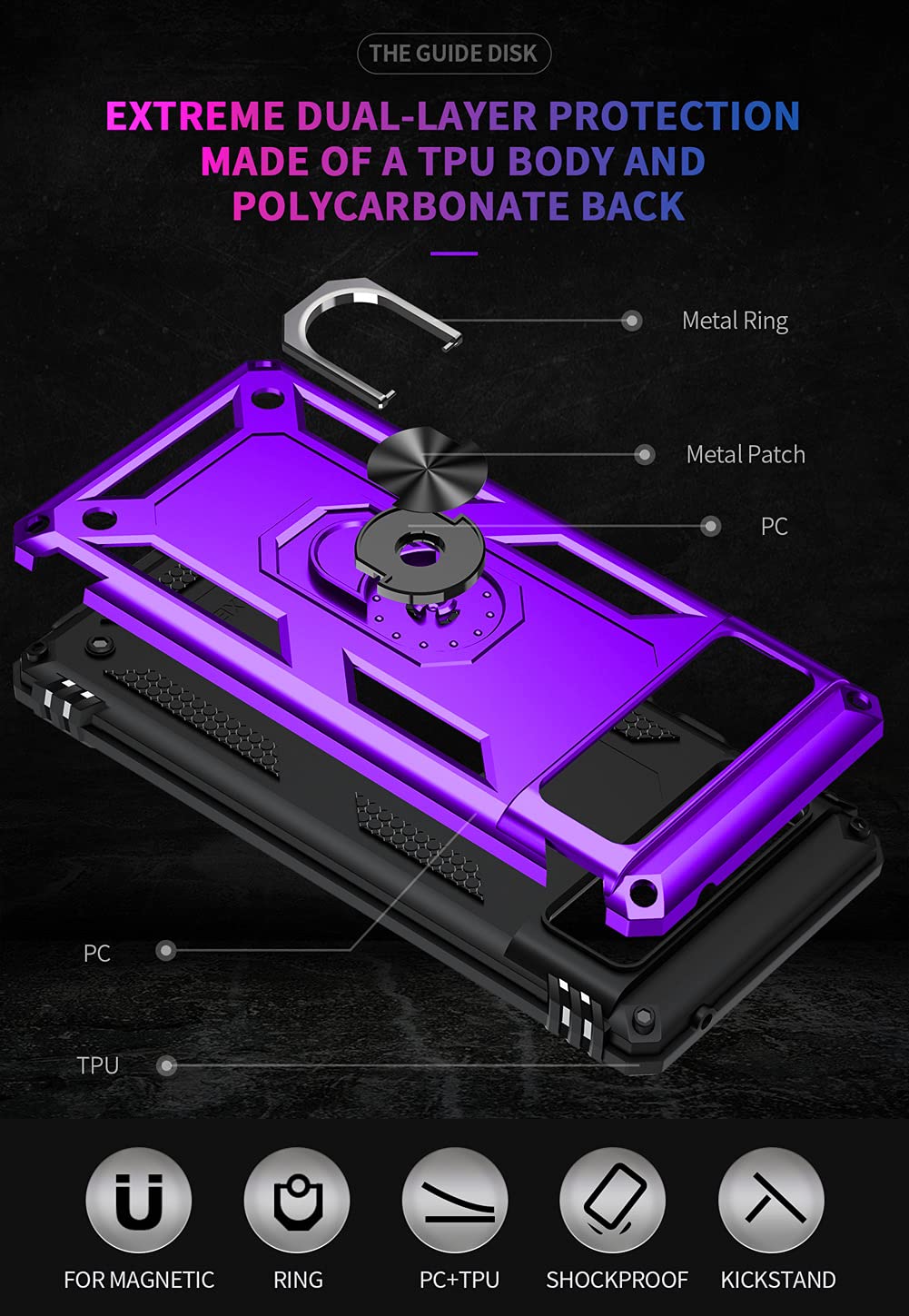 Androgate Designed for Google Pixel 6 Case with HD Screen Protectors, Military-Grade Metal Ring Holder Kickstand 15ft Drop Tested Shockproof Cover Case for Pixel 6 Purple