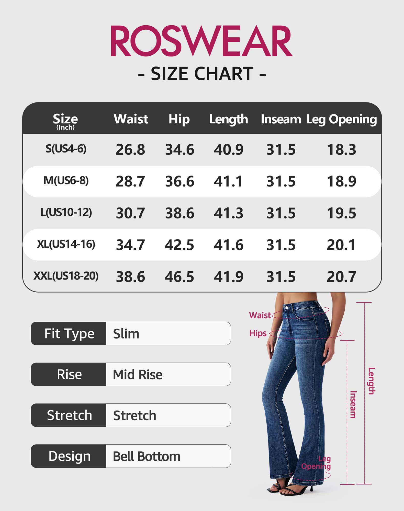 roswear Womens Mid Waist Bell Bottom Stretchy Flare Jeans Pants White Small