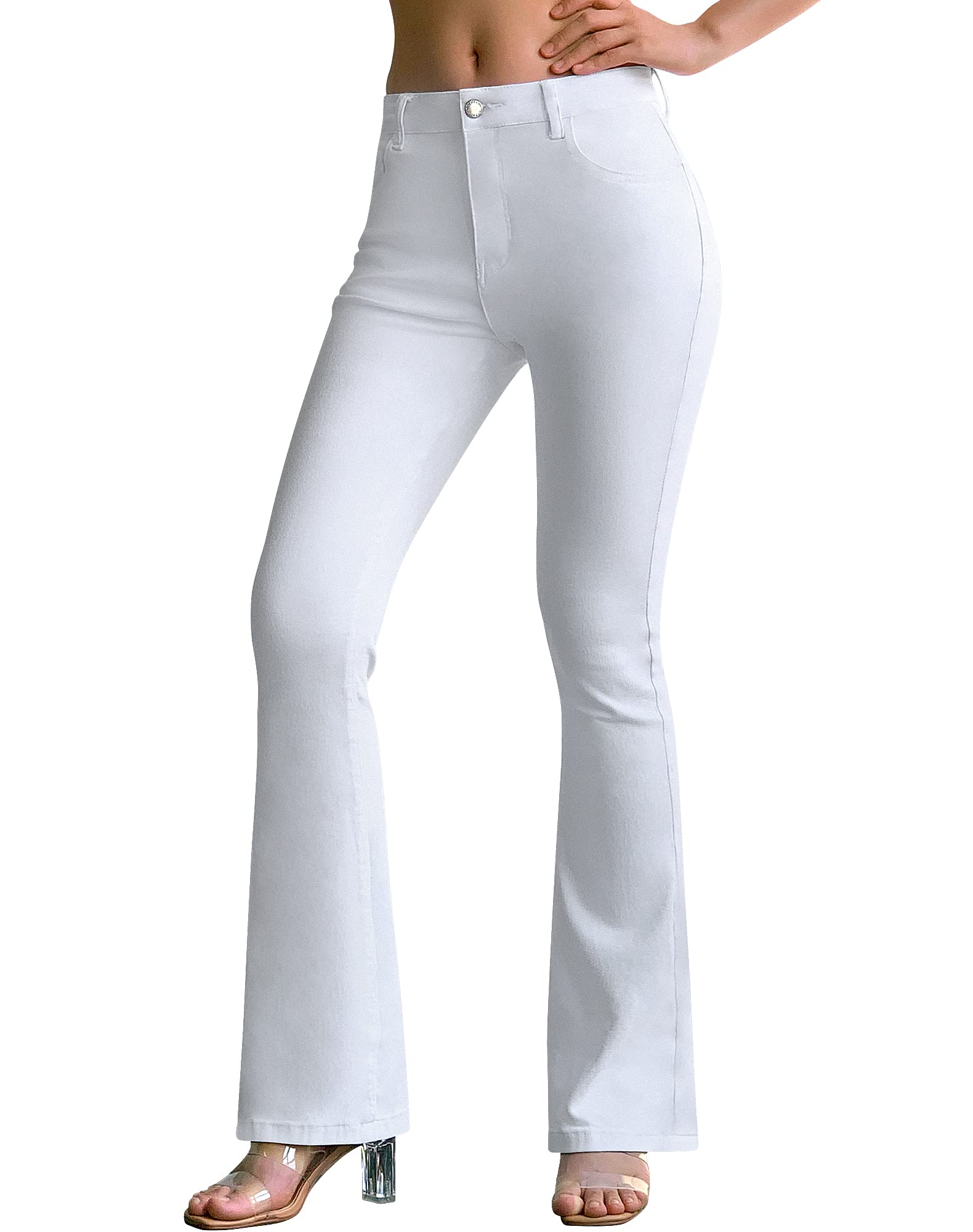 roswear Womens Mid Waist Bell Bottom Stretchy Flare Jeans Pants White Small