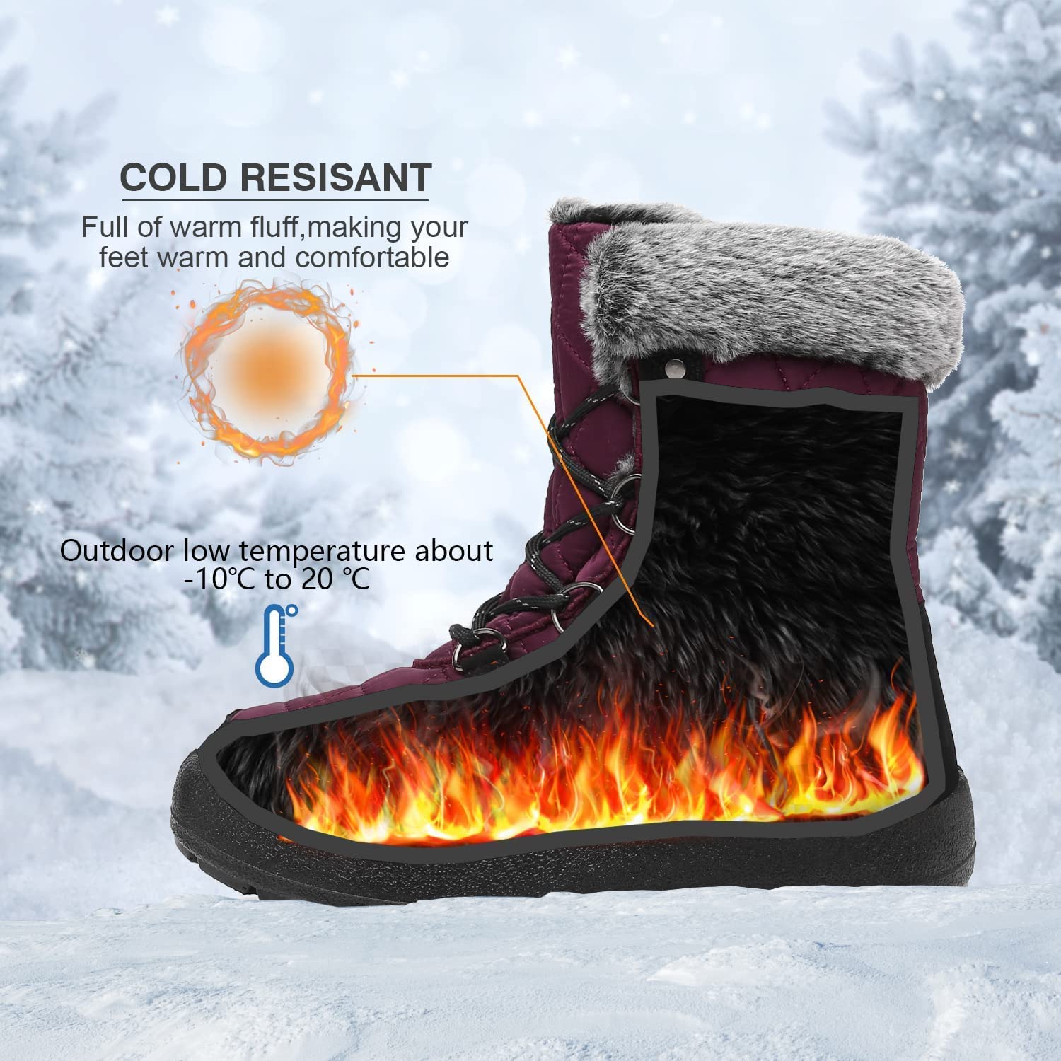 JSWEI Women's Snow Boots Wide Width, Warm Faux Fur Comfortable Winter Boots Lace Up Snow Boot Mid-Calf Wide Boots for Outdoor Red 7.5