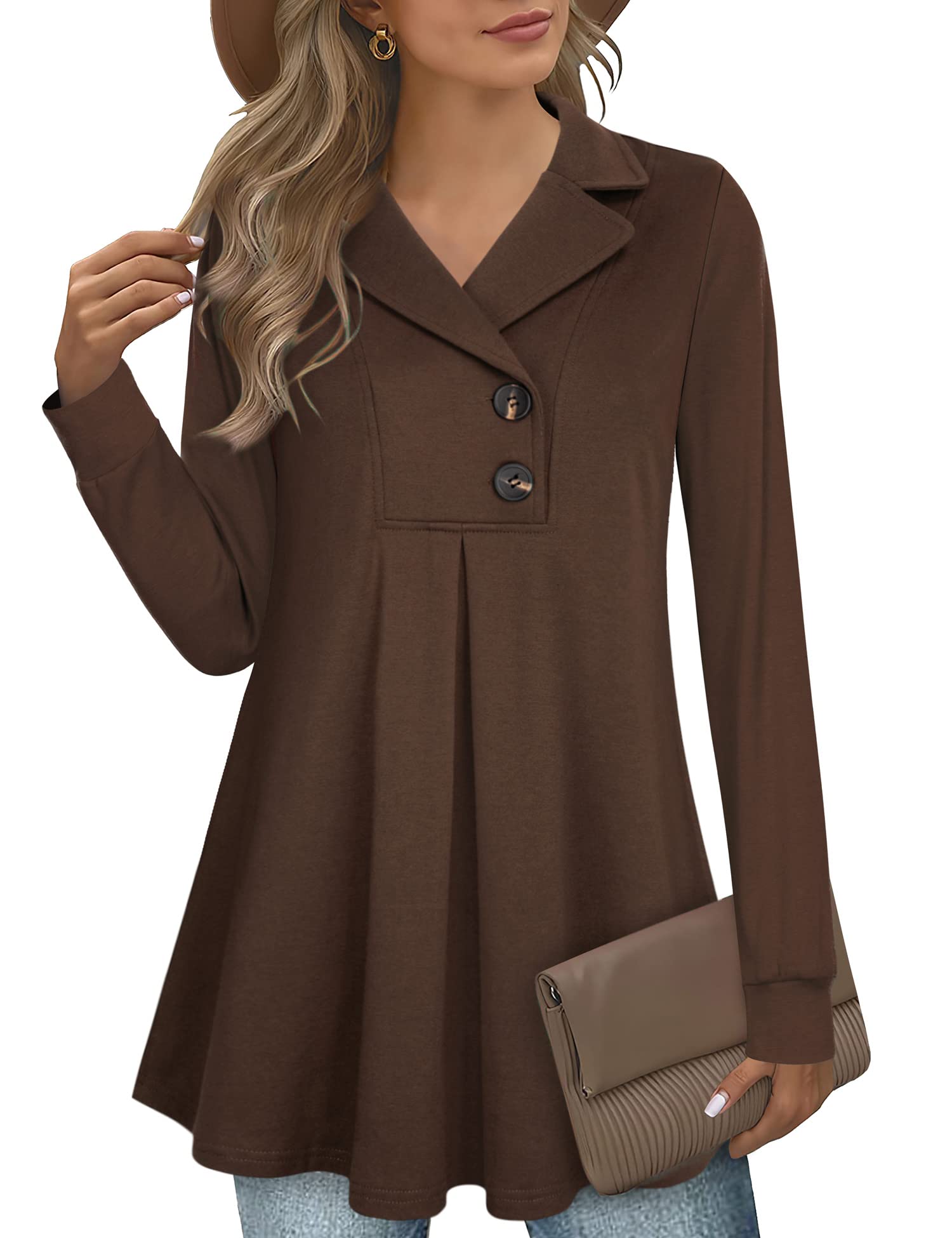 Gaharu Ladies Tunic Tops Winter Sweater for Leggings Lapel Shirts Long Sleeve Collar Blouse Swing Hem Casual Work Sweatshirts Coffee,Medium