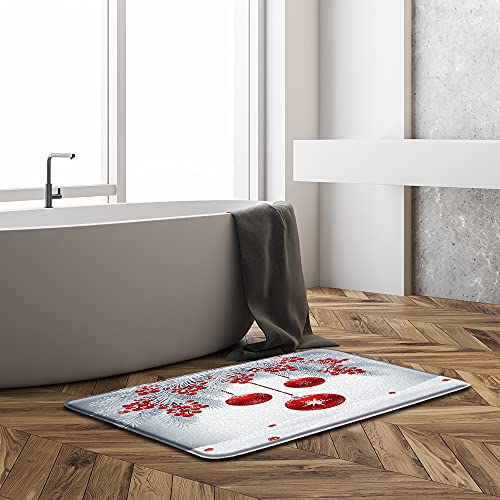YSATNSFT Merry Christmas Bath Mat Red Christmas Ball White Snow Pine Leaf Berry Winter Snowfield Festive Theme Bathroom Bedroom Kitchen Toilet Rug Soft Memory Foam Backing,18x30 Inch