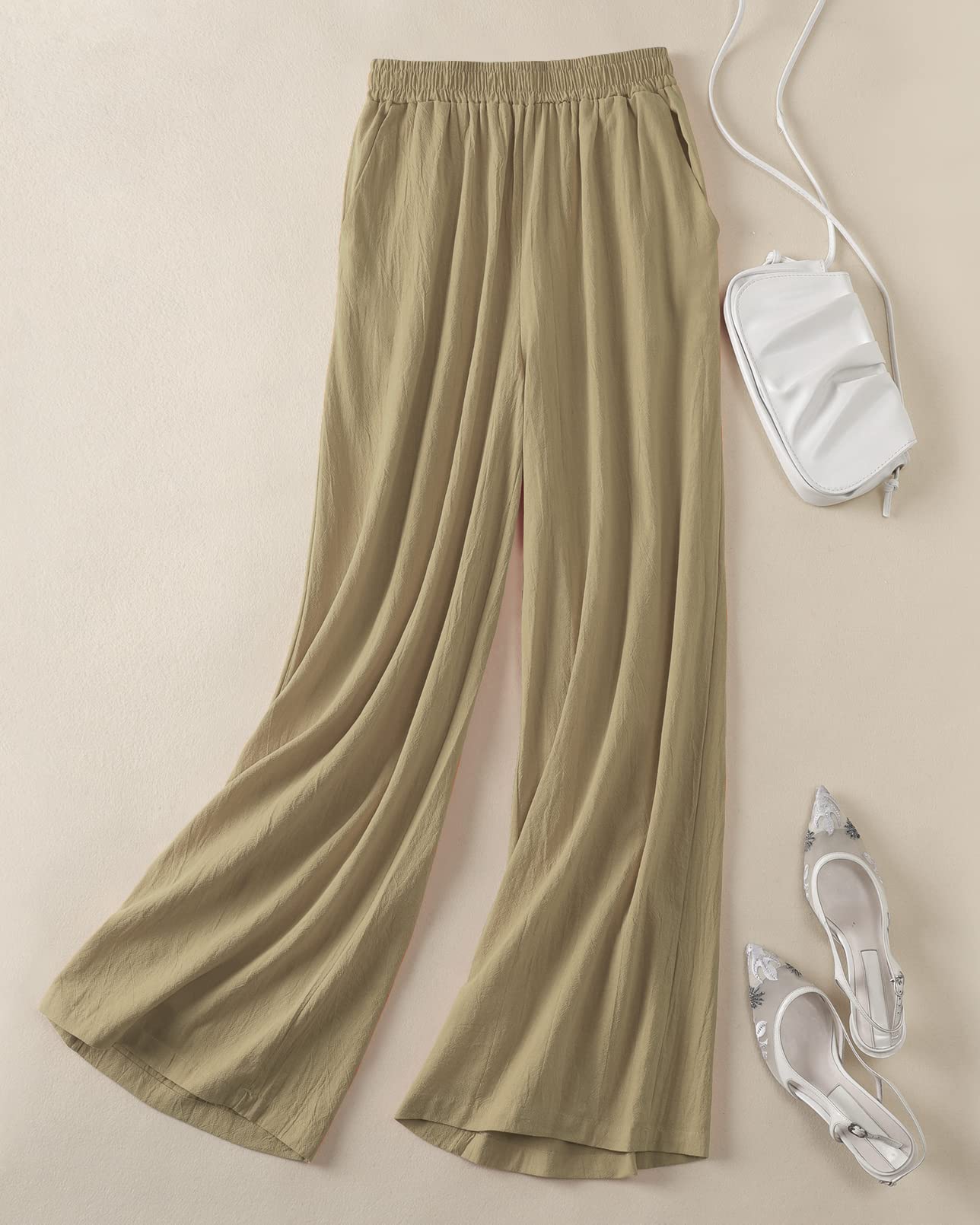 Hisanny Womens Plus Size Linen Pants Wide Leg Palazzo Trousers High Elastic Waist Flowy Culottes with Pockets Khaki XX-Large