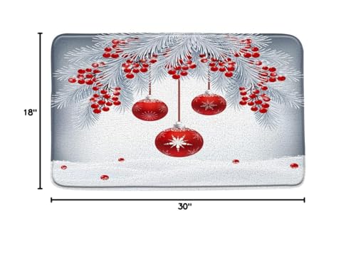 YSATNSFT Merry Christmas Bath Mat Red Christmas Ball White Snow Pine Leaf Berry Winter Snowfield Festive Theme Bathroom Bedroom Kitchen Toilet Rug Soft Memory Foam Backing,18x30 Inch