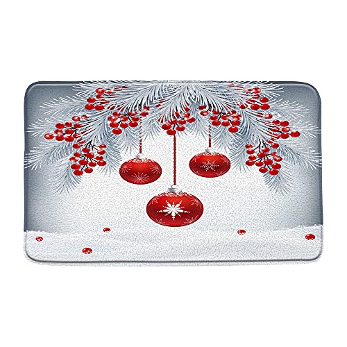 YSATNSFT Merry Christmas Bath Mat Red Christmas Ball White Snow Pine Leaf Berry Winter Snowfield Festive Theme Bathroom Bedroom Kitchen Toilet Rug Soft Memory Foam Backing,18x30 Inch