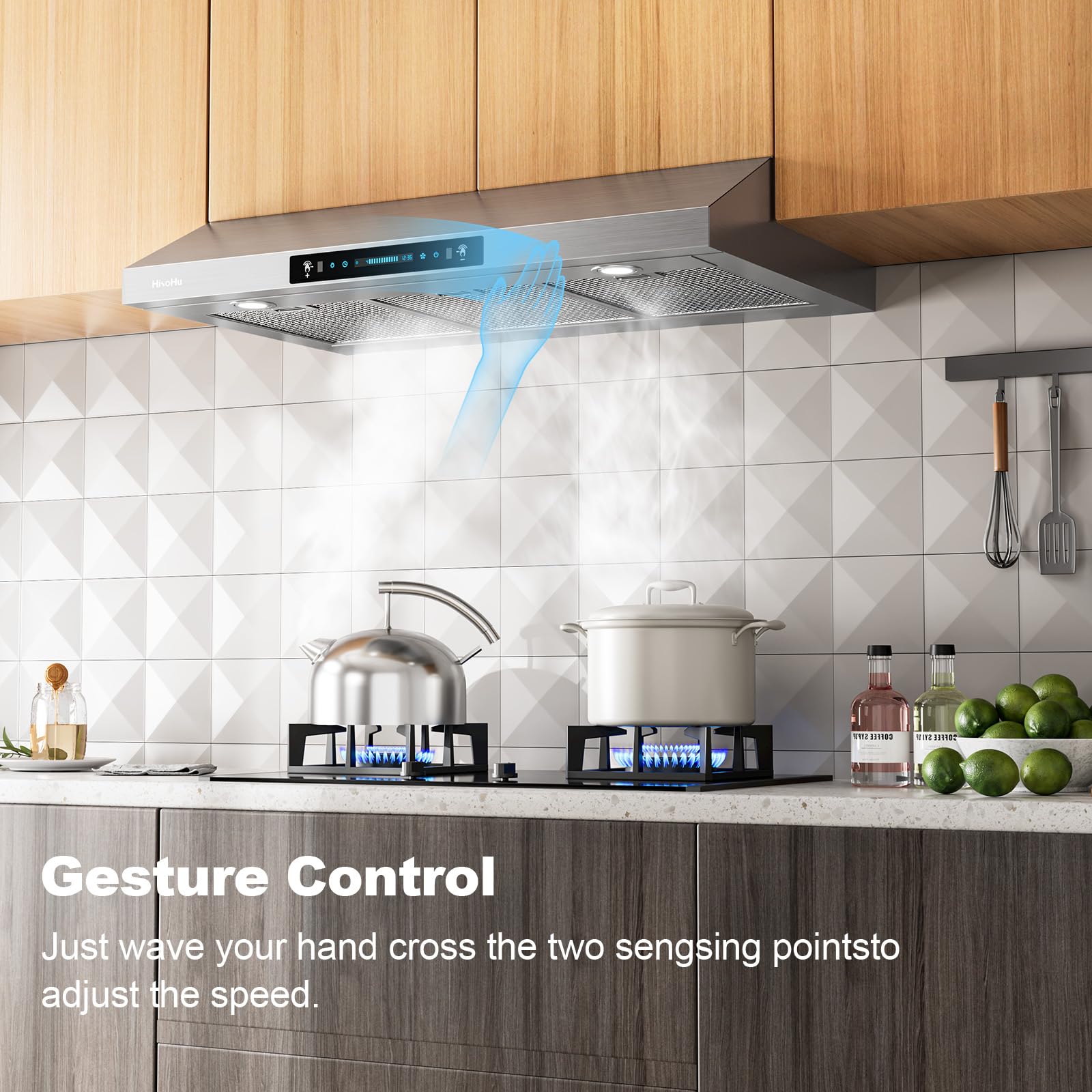 HisoHu 30 Inch Under Cabinet Range Hood with 900-CFM, 4 Speed Gesture Sensing&Touch Control Panel, Stainless Steel Kitchen Vent