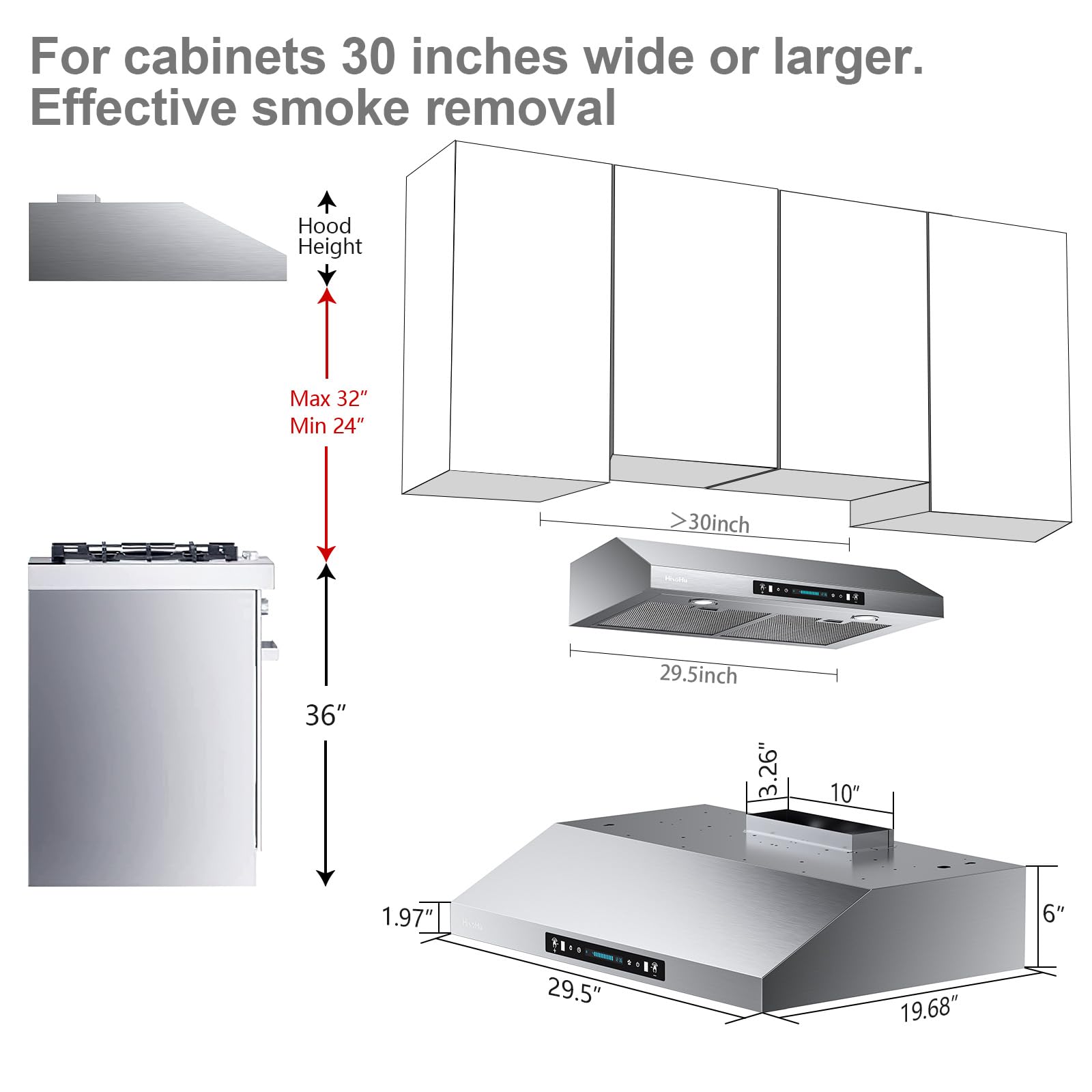 HisoHu 30 Inch Under Cabinet Range Hood with 900-CFM, 4 Speed Gesture Sensing&Touch Control Panel, Stainless Steel Kitchen Vent