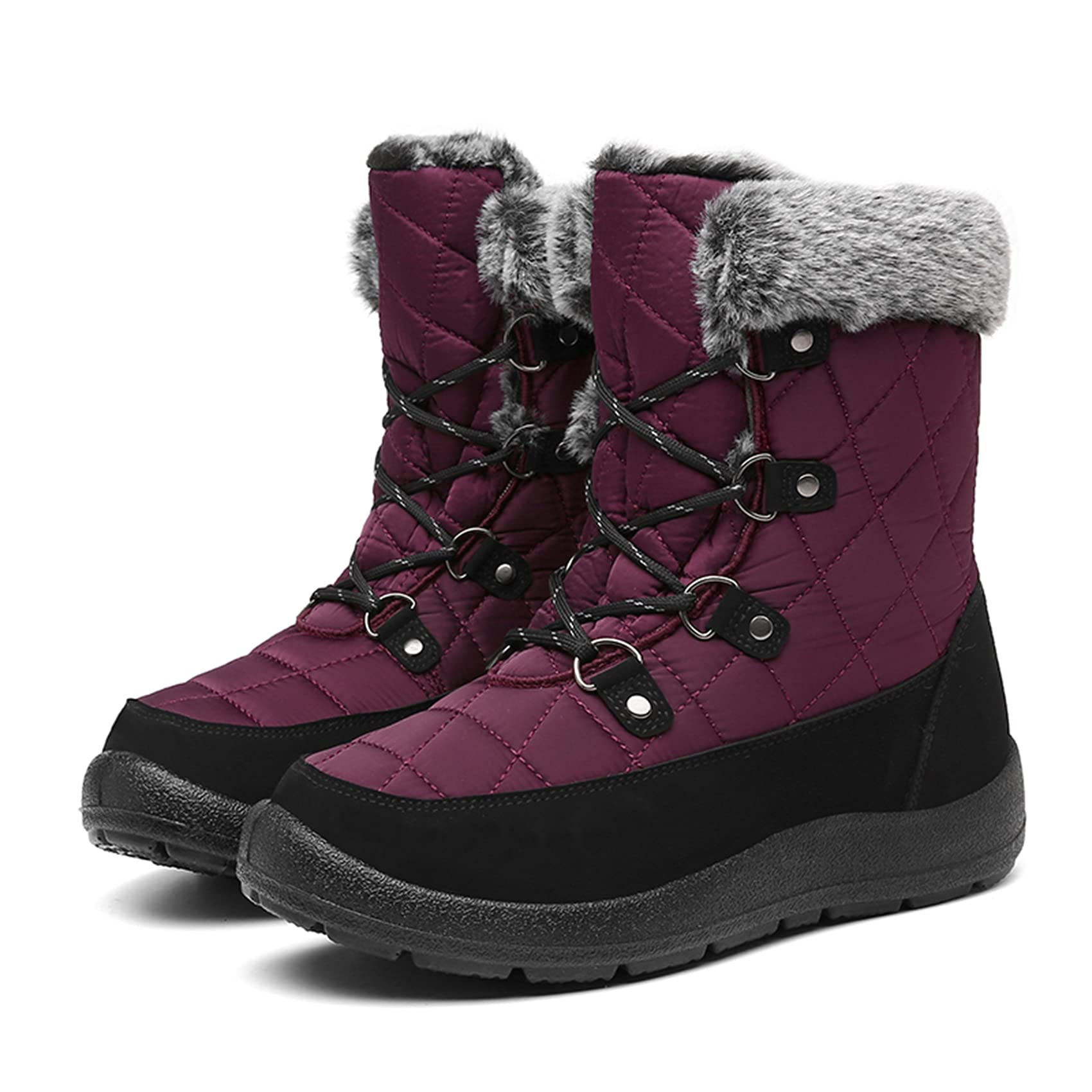 JSWEI Women's Snow Boots Wide Width, Warm Faux Fur Comfortable Winter Boots Lace Up Snow Boot Mid-Calf Wide Boots for Outdoor Red 7.5