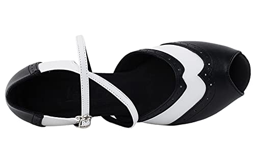 Very Fine Dancesport Shoes Very Fine Ladies Ballroom Salsa Latin Practice Dance Shoes C6035 & 2008 Black White Leather Low Heel Comfortable (C6035 1.6In Cuban Heel, Numeric_7)