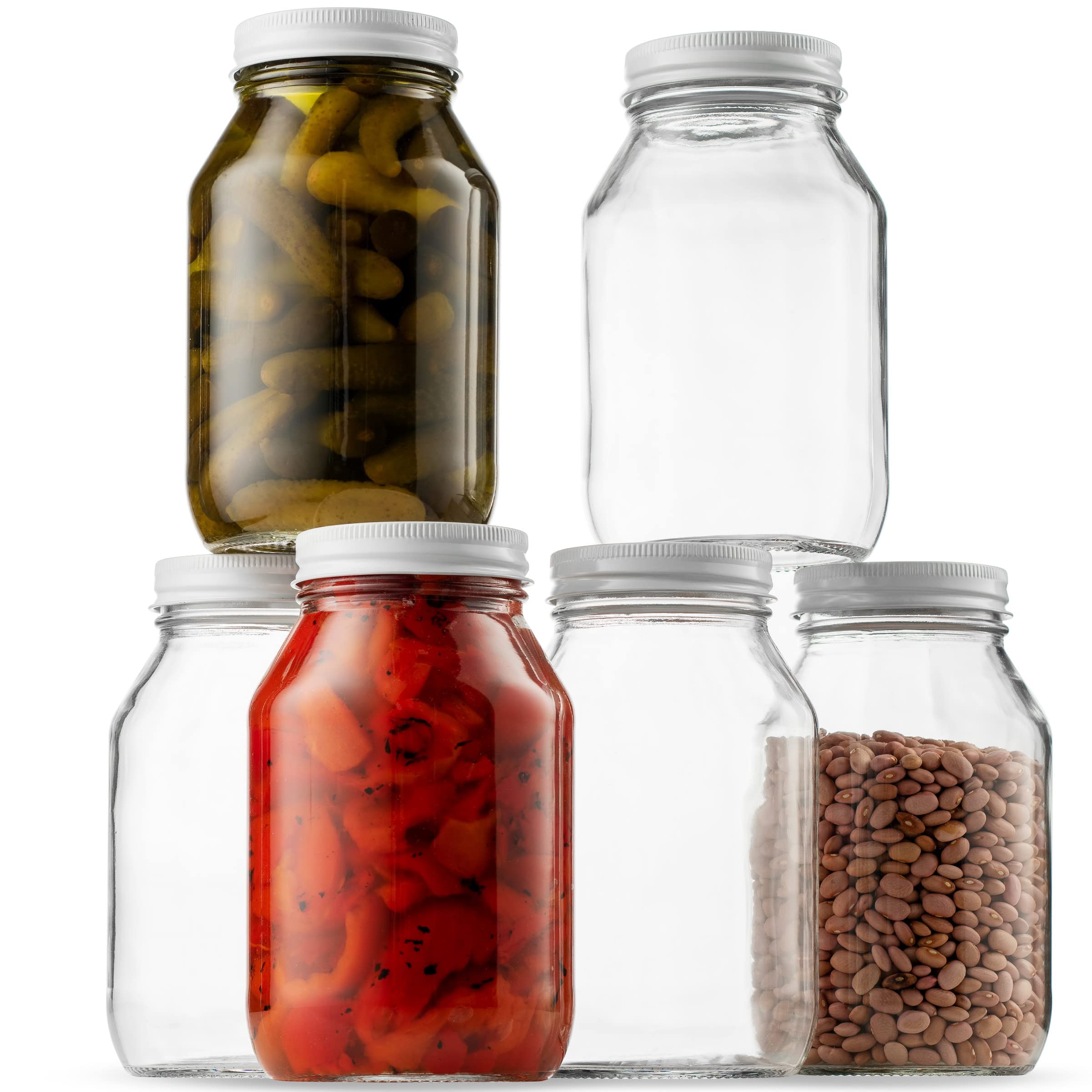 JOE'S Regular Mouth Mason Jars 32oz [12 Pack] - Quart Size Jars with White Metal Lids, Ideal for Fermenting, Pickling, Storage, DIY Decors and Projects