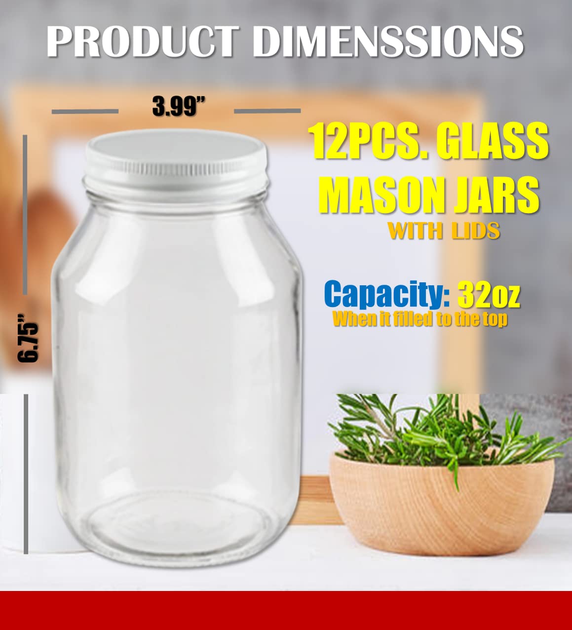 JOE'S Regular Mouth Mason Jars 32oz [12 Pack] - Quart Size Jars with White Metal Lids, Ideal for Fermenting, Pickling, Storage, DIY Decors and Projects