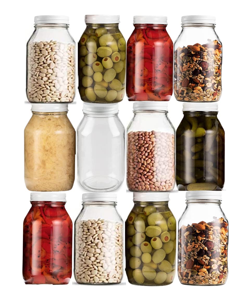 JOE'S Regular Mouth Mason Jars 32oz [12 Pack] - Quart Size Jars with White Metal Lids, Ideal for Fermenting, Pickling, Storage, DIY Decors and Projects