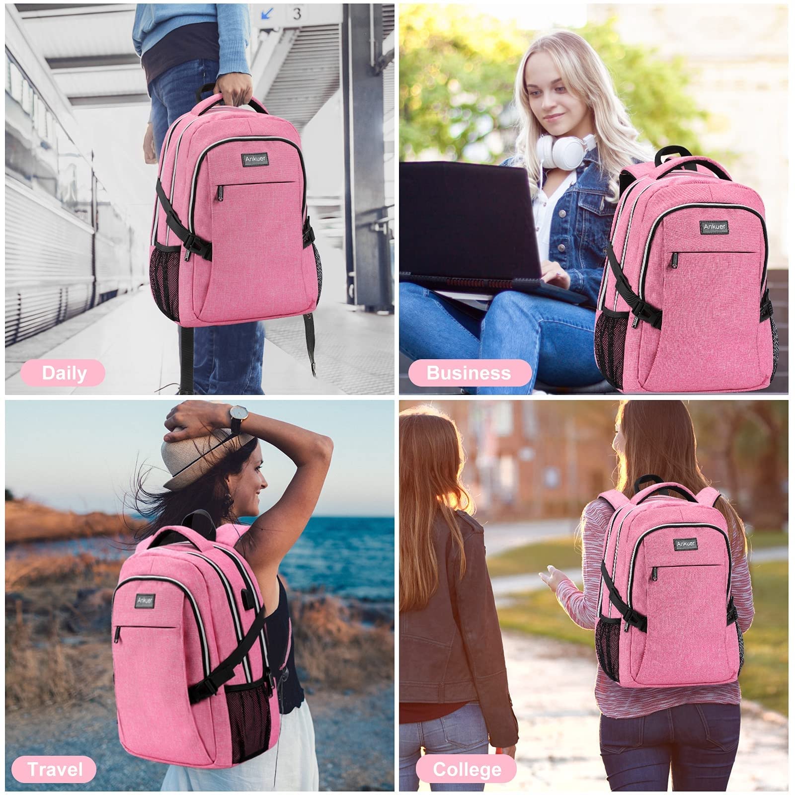 ANKUER Backpacks for Women, Backpack Fits Up 15.6 in Laptop Backpack for Travel, Backpacks with USB Charging Port, Work Business Backpack for School (Pink)