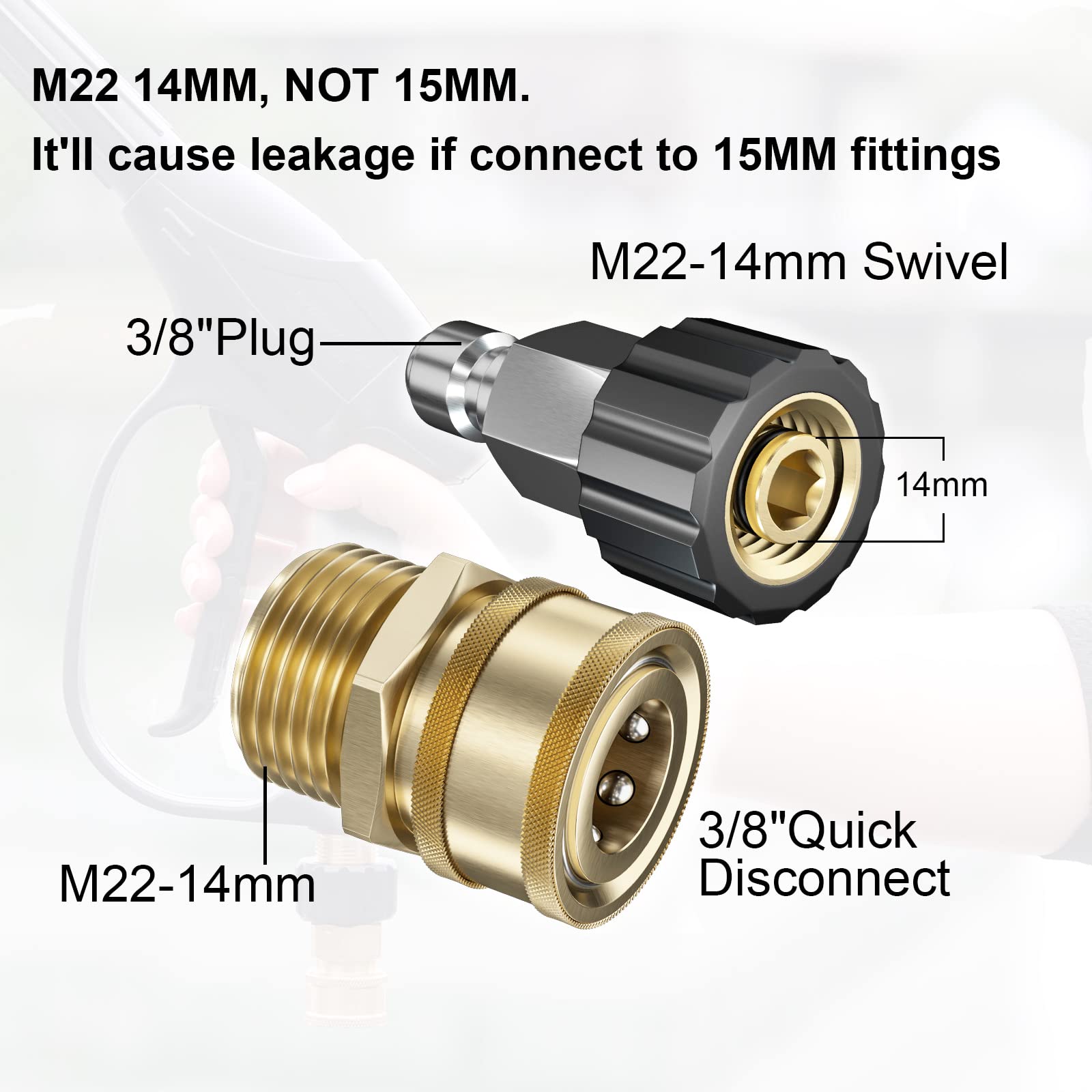 POHIR Pressure Washer Adapter Set 8 Pack, 2 Different M22-14 Swivel to 3/8'' Male and Female Quick Connect, 3/4" Brass Garden Hose Quick Release Connector and M22 15&14mm to 14mm NPT Fitting