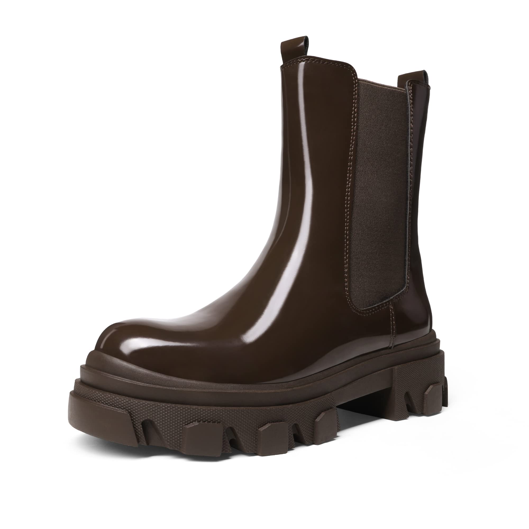 DREAM PAIRS Women's Platform Chelsea Boots Lug Sole Combat Mid Calf Slip On Chunky Ankle Booties,Size 10,Brown,DMB212