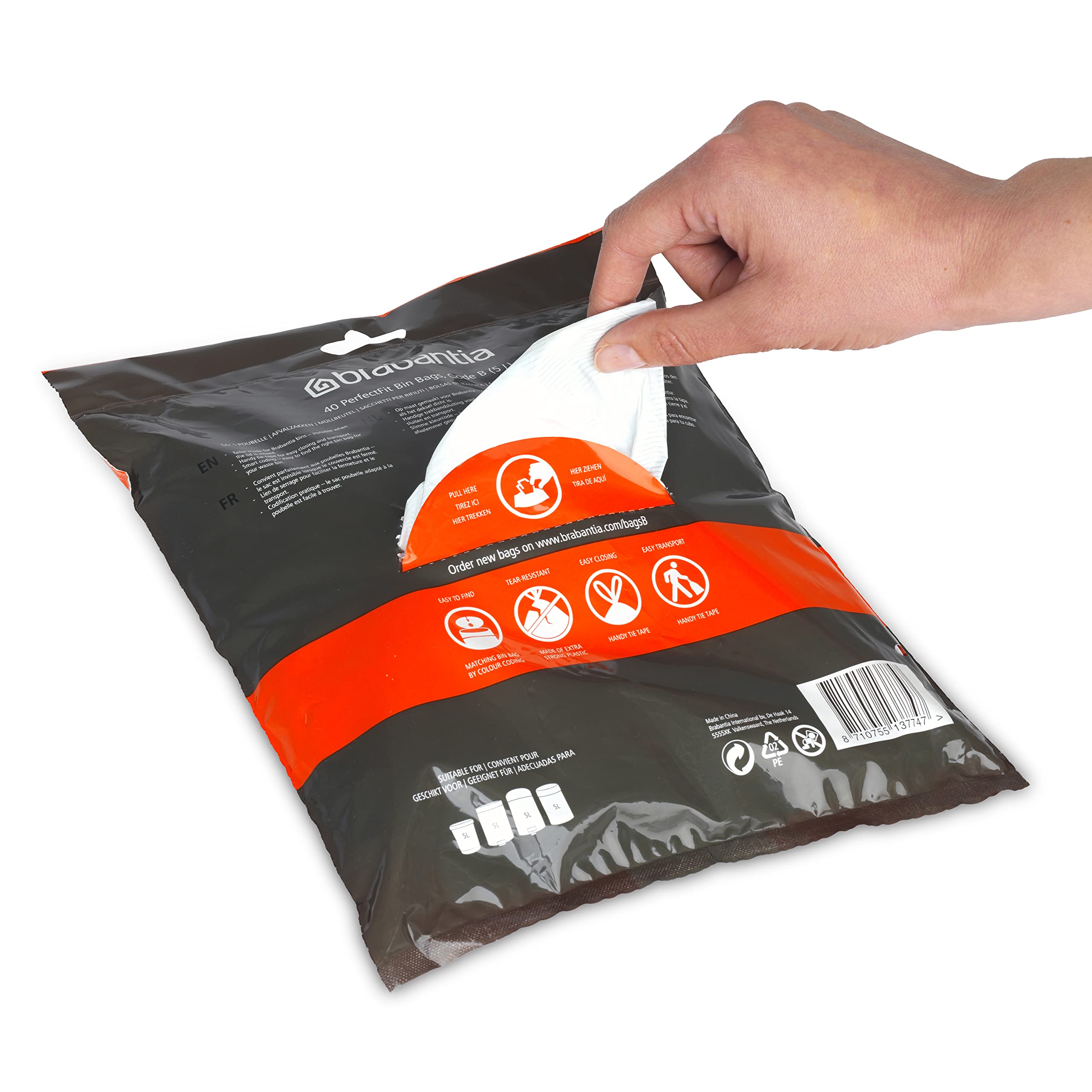 Brabantia PerfectFit Trash Bags (Size B/1.3 Gal) Thick Plastic Trash Can Liners with Drawstring Handles (40 Bags)