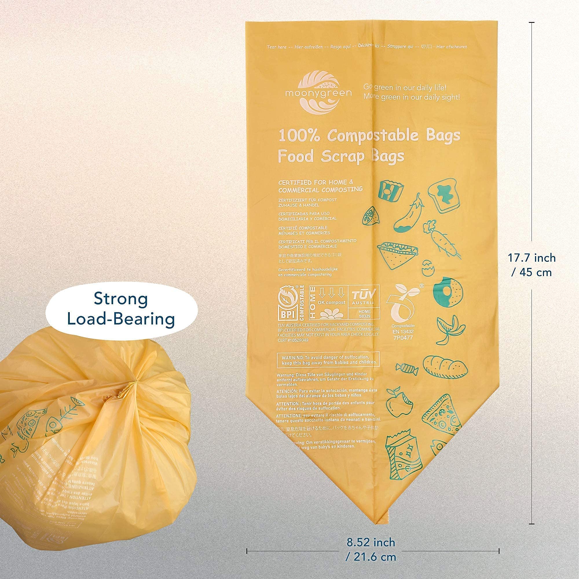 Moonygreen 100% Compostable Trash Bags, 2.6 Gallon+3 Gallon, each 100 Count, Extra Thick 0.87 Mils, Food Scrap Small Kitchen Waste Bags, US BPI ASTM D6400 and Europe OK Compost Home Certified