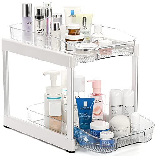 Peohud 2-Tier Under Sink Organizer, Double Sliding Cabinet Basket Organizer Drawer, Easy Access Pull Out Bathroom Vanity Counter Tray, Multi-purpose Storage Bins Rack for Kitchen Office Pantry Dorm