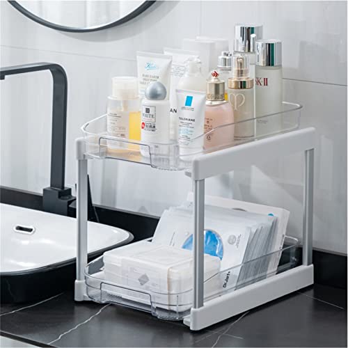 Peohud 2-Tier Under Sink Organizer, Double Sliding Cabinet Basket Organizer Drawer, Easy Access Pull Out Bathroom Vanity Counter Tray, Multi-purpose Storage Bins Rack for Kitchen Office Pantry Dorm