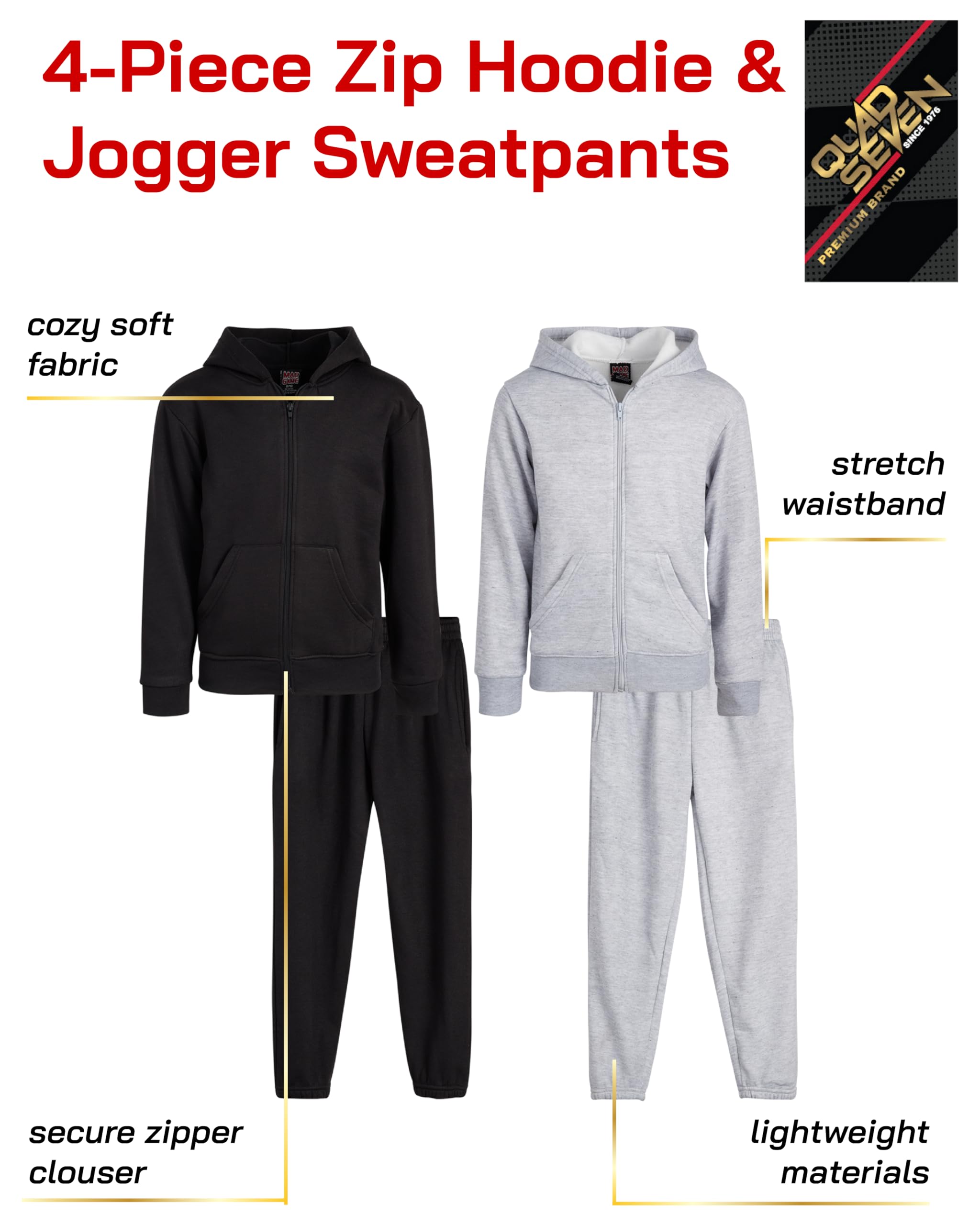 Quad Seven Boys' Fleece Jogger Set - 4 Piece Basic Solid Full Zip Hoodie and Sweatpants (Size 8-18), Size 8-10, Black/Heather Grey