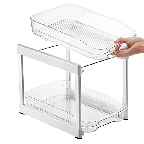 Peohud 2-Tier Under Sink Organizer, Double Sliding Cabinet Basket Organizer Drawer, Easy Access Pull Out Bathroom Vanity Counter Tray, Multi-purpose Storage Bins Rack for Kitchen Office Pantry Dorm