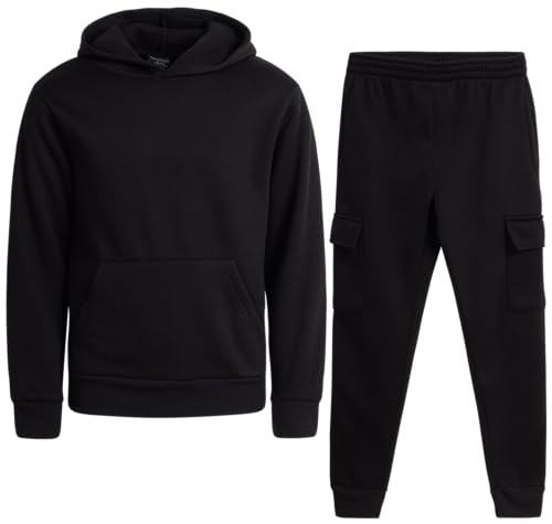 Quad Seven Boys' Fleece Jogger Set - 2 Piece Basic Solid Pullover Hoodie and Cargo Pocket Sweatpants (Size: 8-18), Size 8-10, Black