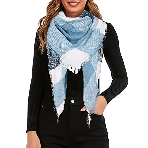 Zando Fall Scarfs for Women Extra Soft Shawl Wraps for Women Cashmere Feel Tassel Plaid Scarf Large Triangle Scarves Tartan Shawl Blue Plaid