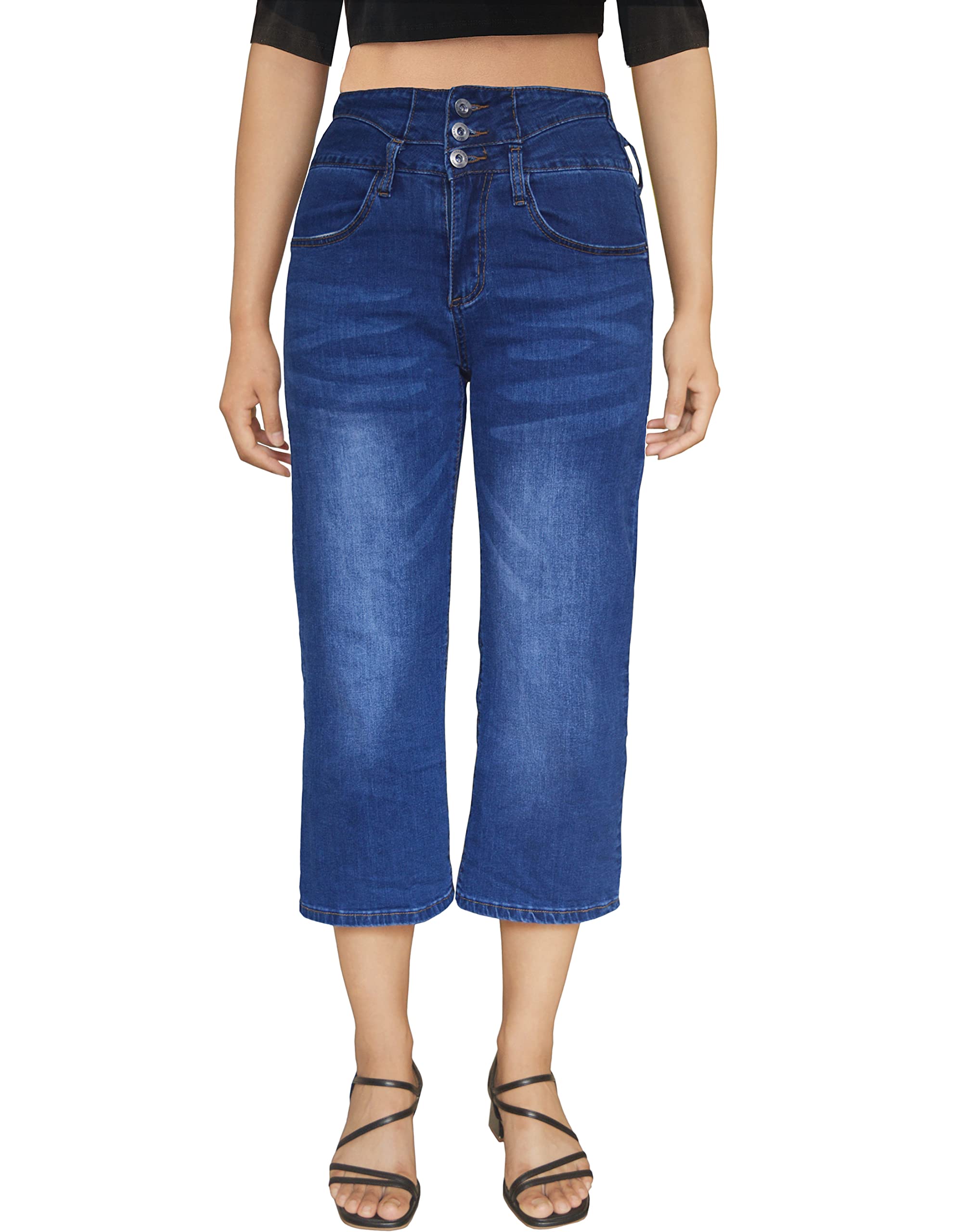 Slarkydog Women's Wid Leg Cropped Jeans High Rise Straight Leg Denim Jean Plain Pattern Loose Pants, Dark Blue, Size 14