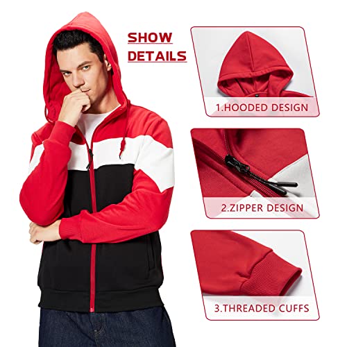 CALUOMATT Men Sweatshirt Zip Warm Hoodies Cozy Loose Jacket Hooded Outwear with Pockets Red XL