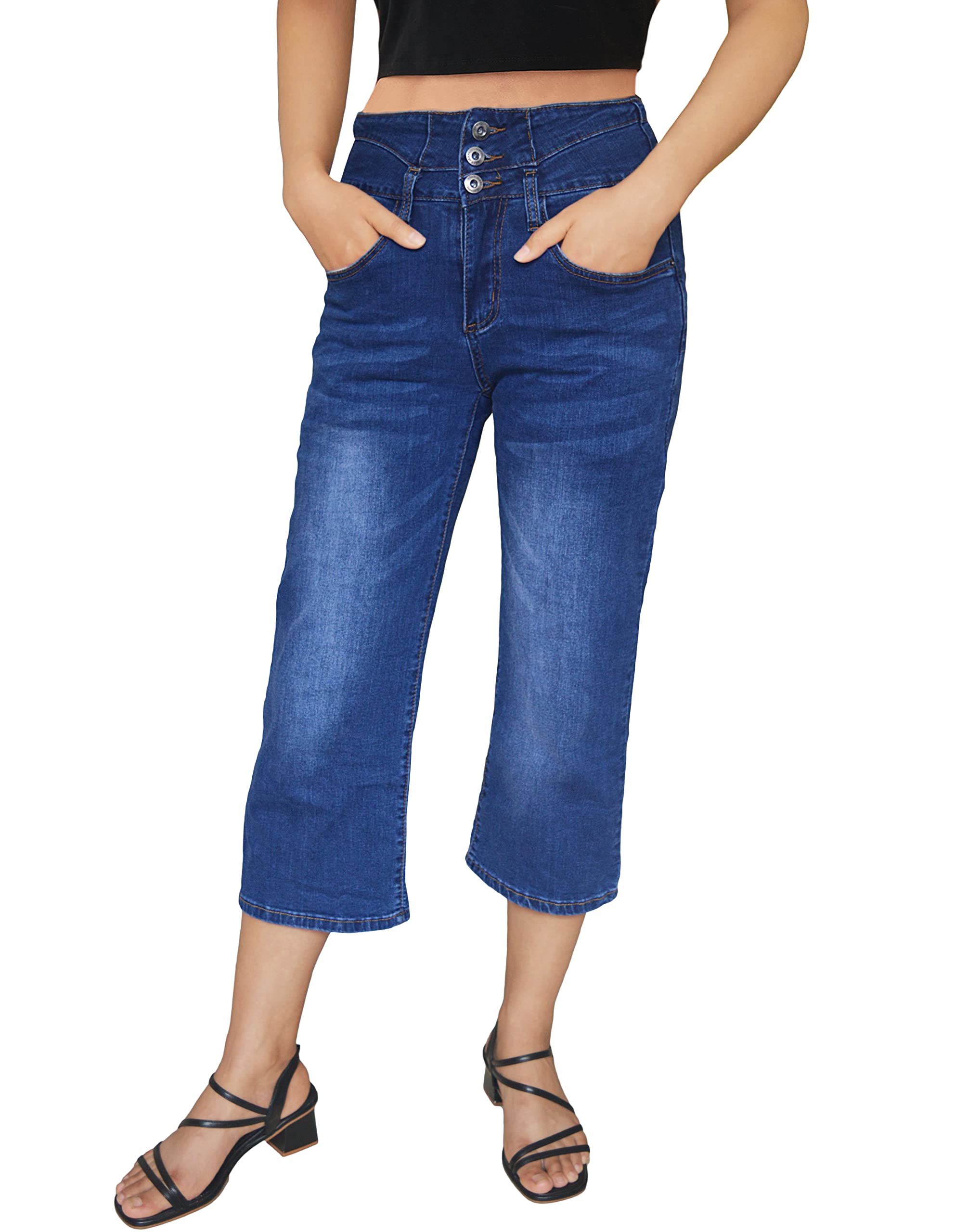 Slarkydog Women's Wid Leg Cropped Jeans High Rise Straight Leg Denim Jean Plain Pattern Loose Pants, Dark Blue, Size 14