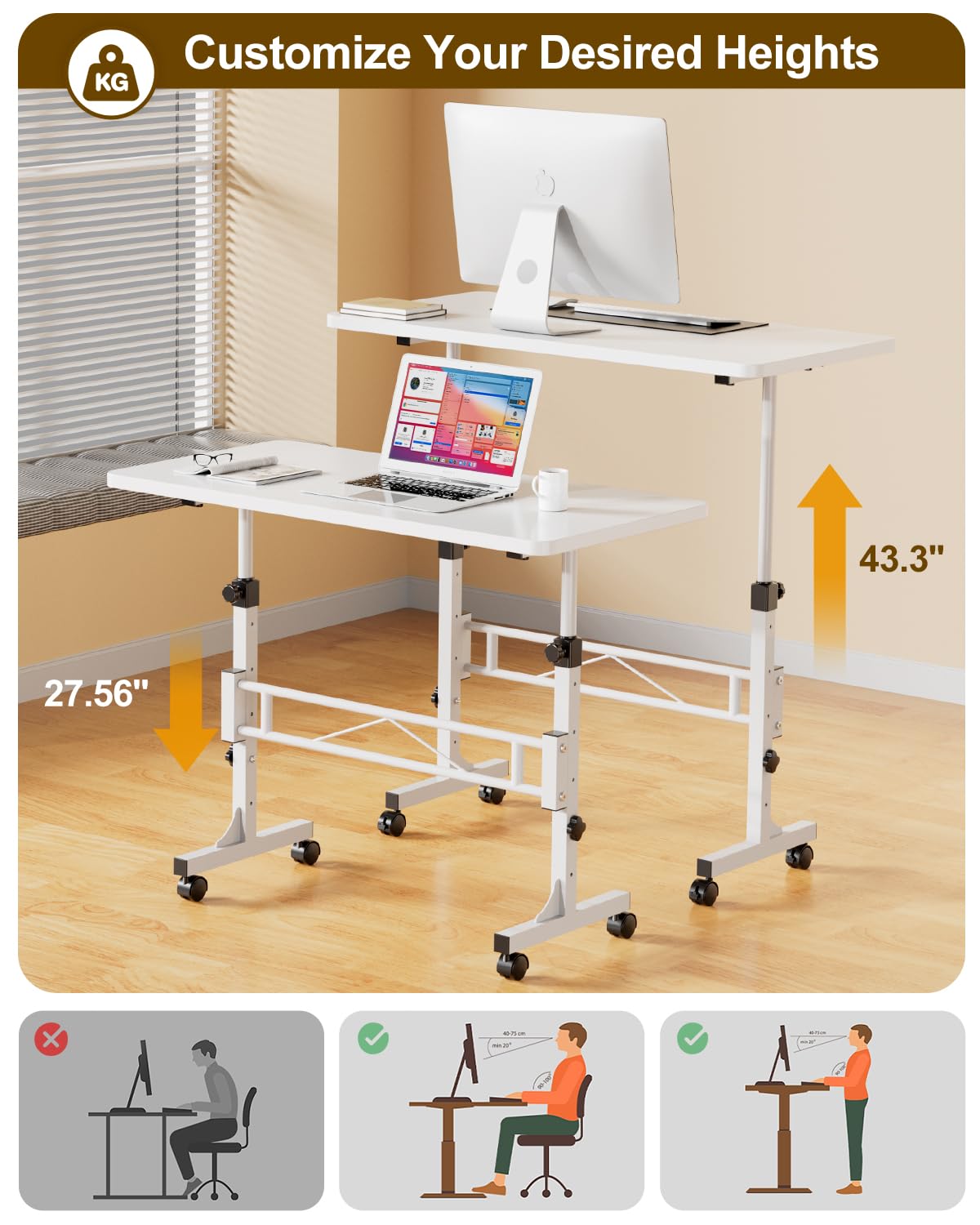 JHMYHO Portable Rolling Desks with Wheels Adjustable Height Small Laptop Desk Small Standing Desk for Small Space Uplift Mobile Work Desk on Wheels White