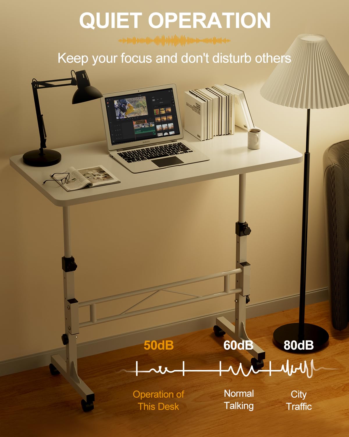 JHMYHO Portable Rolling Desks with Wheels Adjustable Height Small Laptop Desk Small Standing Desk for Small Space Uplift Mobile Work Desk on Wheels White