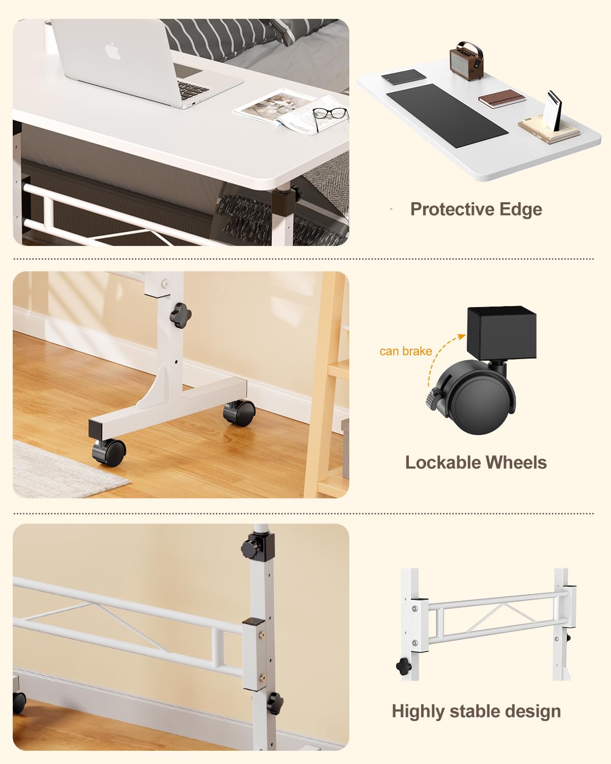 JHMYHO Portable Rolling Desks with Wheels Adjustable Height Small Laptop Desk Small Standing Desk for Small Space Uplift Mobile Work Desk on Wheels White