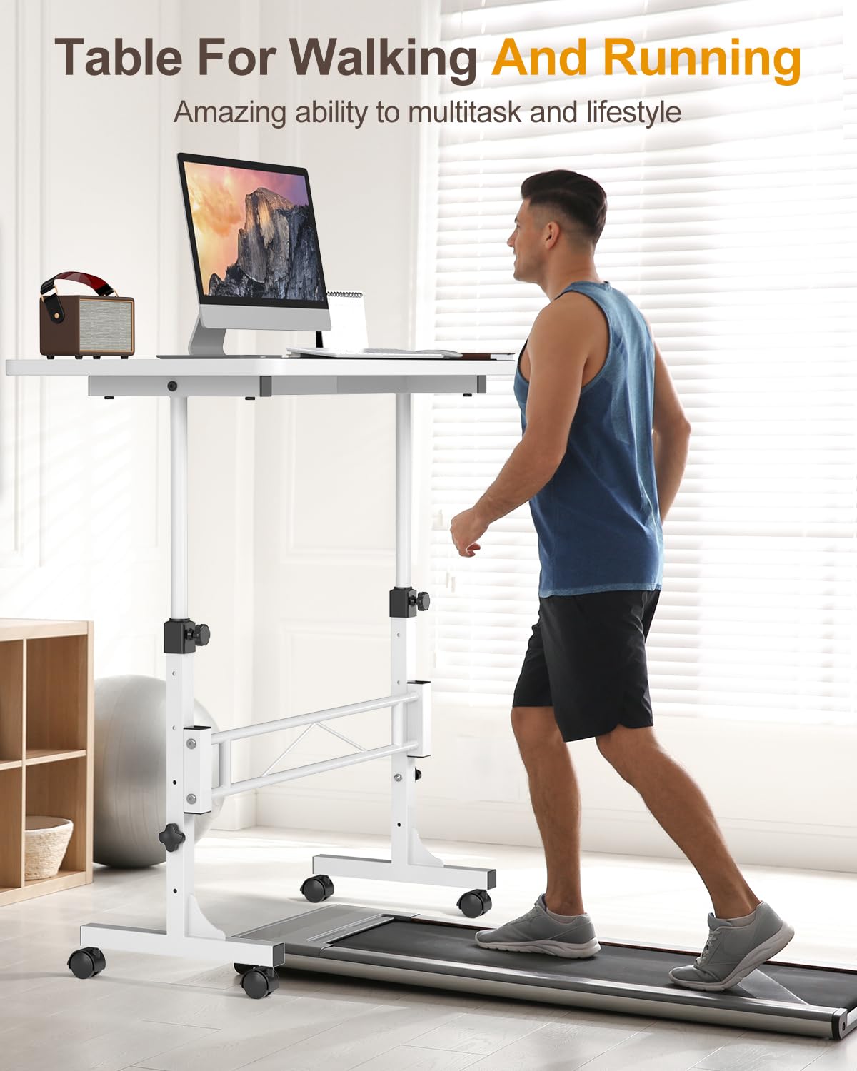 JHMYHO Portable Rolling Desks with Wheels Adjustable Height Small Laptop Desk Small Standing Desk for Small Space Uplift Mobile Work Desk on Wheels White