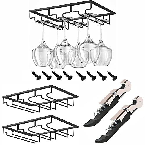 Onestep Club | 2 Wine Glass Holder Under Cabinet Screw Mounted with 2 Corkscrew Bottle Opener Glass Storage Rack for Kitchen Restaurant Undermount Metal Organizer Glasses Storage Hanger Black