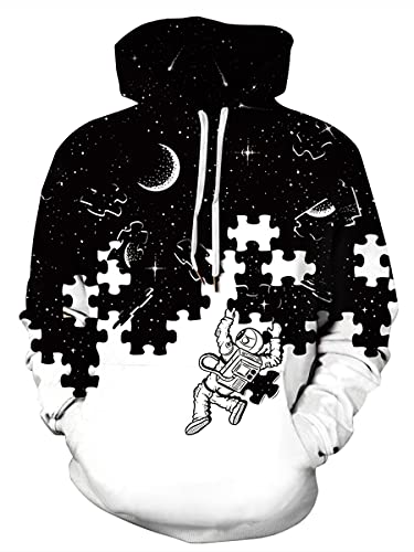BarbedRose Unisex 3D Digital Print Sweatshirts Hooded Top Galaxy Pattern Pullover Hoodie,Black Astronaut Starry Puzzle,XX-Large