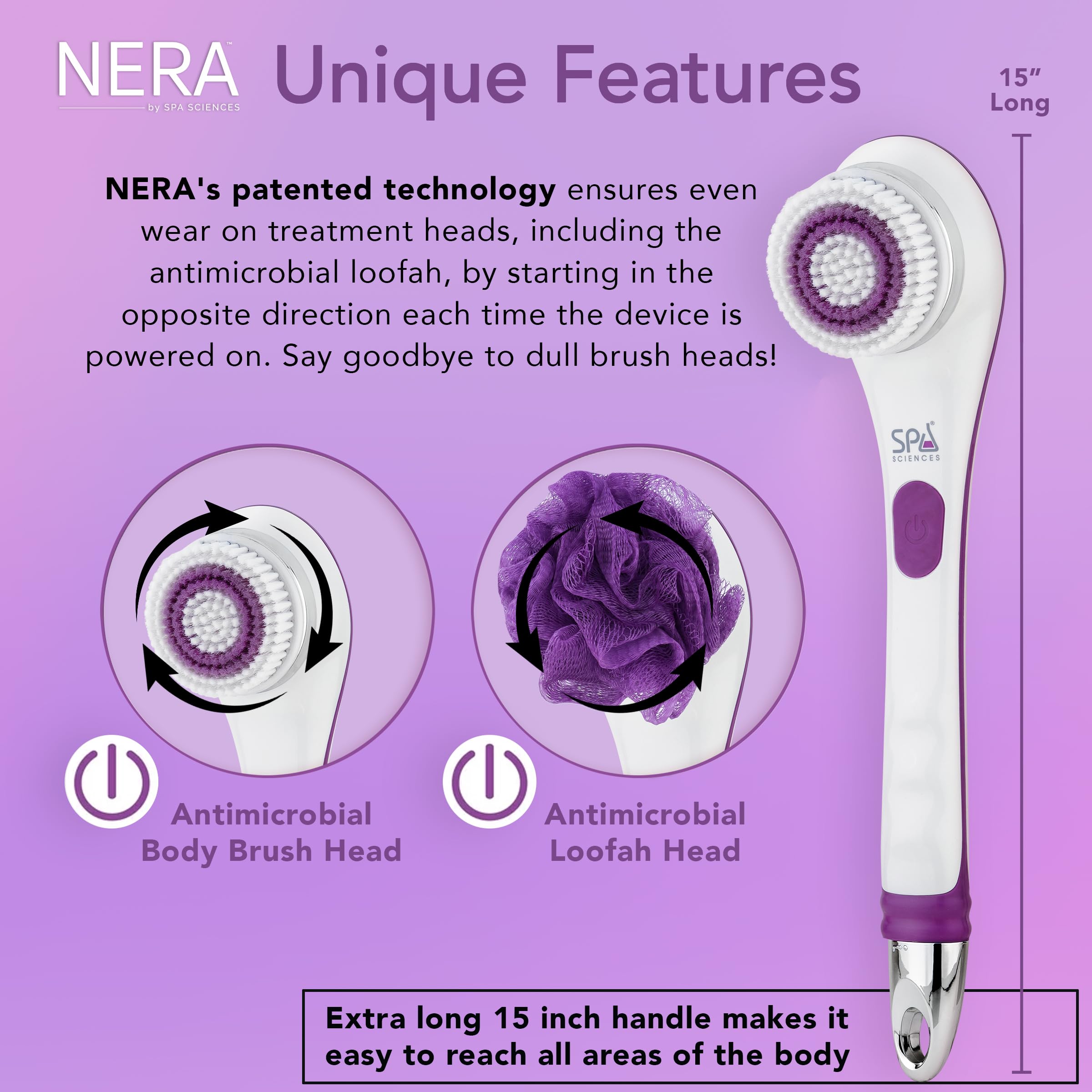 Spa Sciences - NERA - Power Shower Brush - 3-in-1 Multifunction Back & Body Brush - Exfoliation, Cleansing, Massaging - for All Skin Types - Includes Body Brush, Loofah, & Pumice Stone - USB Charging
