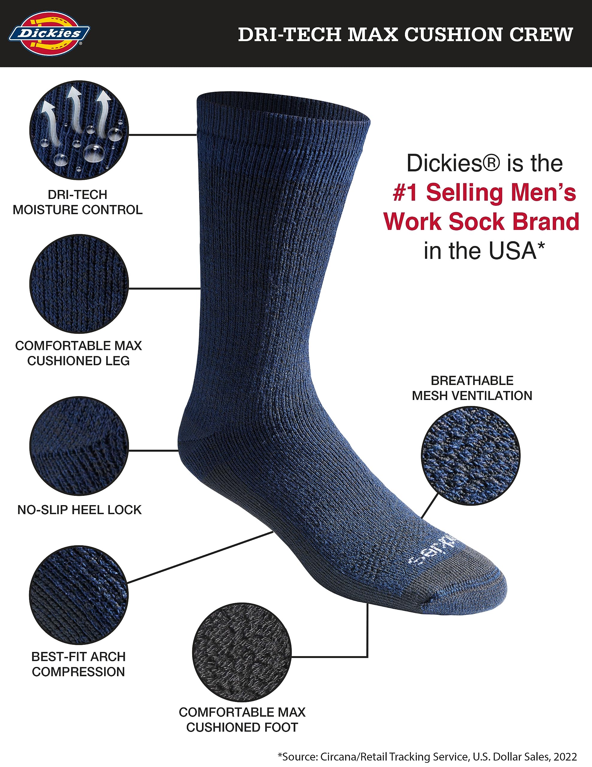 Dickies Men's Dri-Tech Moisture Control Max Full Cushion Crew Socks, Available in M-XL (6, 12, Navy Marl (6 Pairs), Large