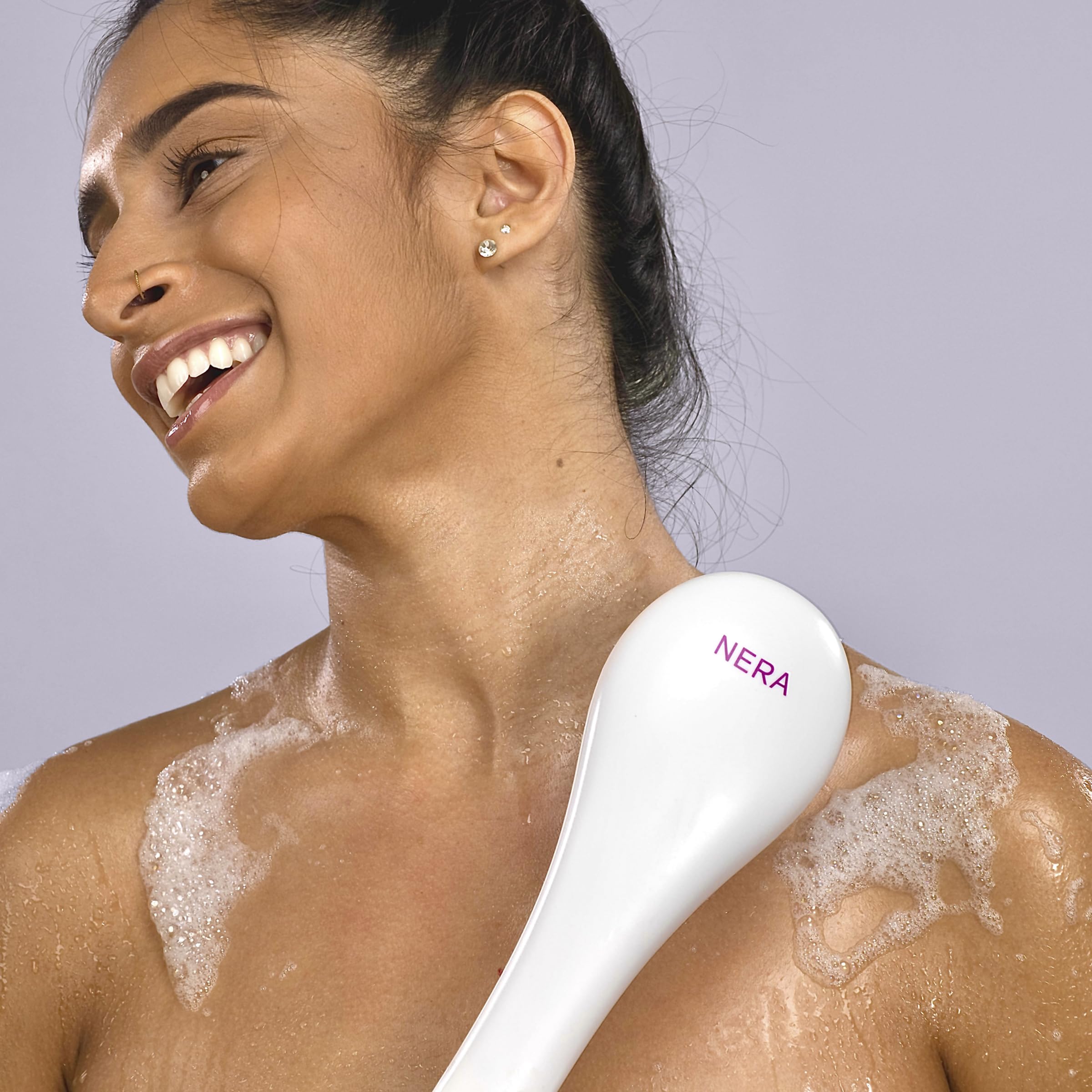 Spa Sciences - NERA - Power Shower Brush - 3-in-1 Multifunction Back & Body Brush - Exfoliation, Cleansing, Massaging - for All Skin Types - Includes Body Brush, Loofah, & Pumice Stone - USB Charging