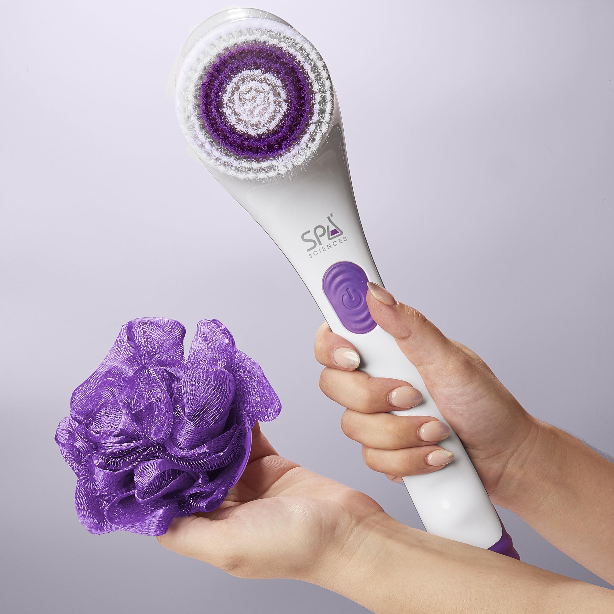 Spa Sciences - NERA - Power Shower Brush - 3-in-1 Multifunction Back & Body Brush - Exfoliation, Cleansing, Massaging - for All Skin Types - Includes Body Brush, Loofah, & Pumice Stone - USB Charging