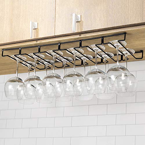 MyGift Modern Black Metal Under-Cabinet Wine Glass Holder | Stemware Storage Organizer Rack | Holds 12 Stemmed Glasses